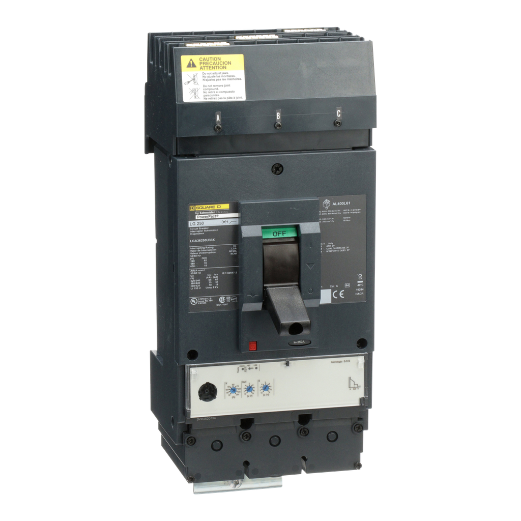 Circuit breaker, PowerPacT L, 250A, 3 pole, 600VAC, 18kA, I-Line, Micr ...