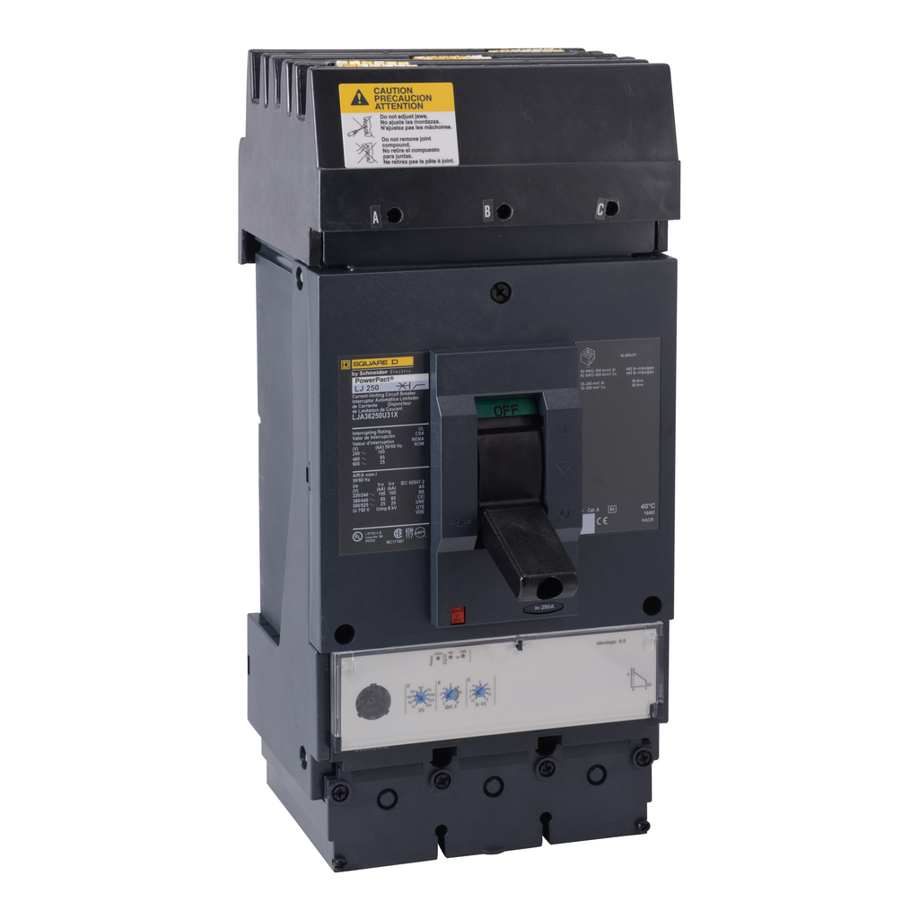 Circuit breaker, PowerPacT L, 250A, 3 pole, 480VAC, 65kA, I-Line, Micr ...