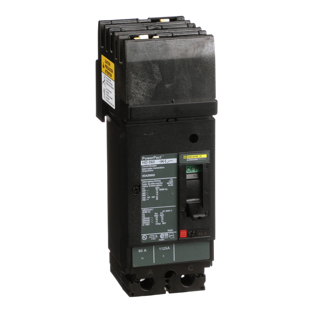 Circuit breaker, PowerPacT H, 60A, 2 pole, 600VAC, 14kA, I-Line, therm ...