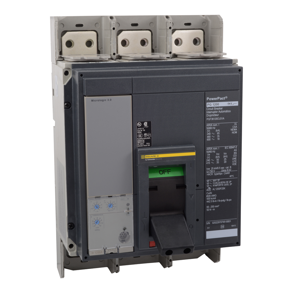 Circuit breaker, PowerPacT P, 1200A, 3 pole, 600VAC, 18kA, busbar, Mic ...