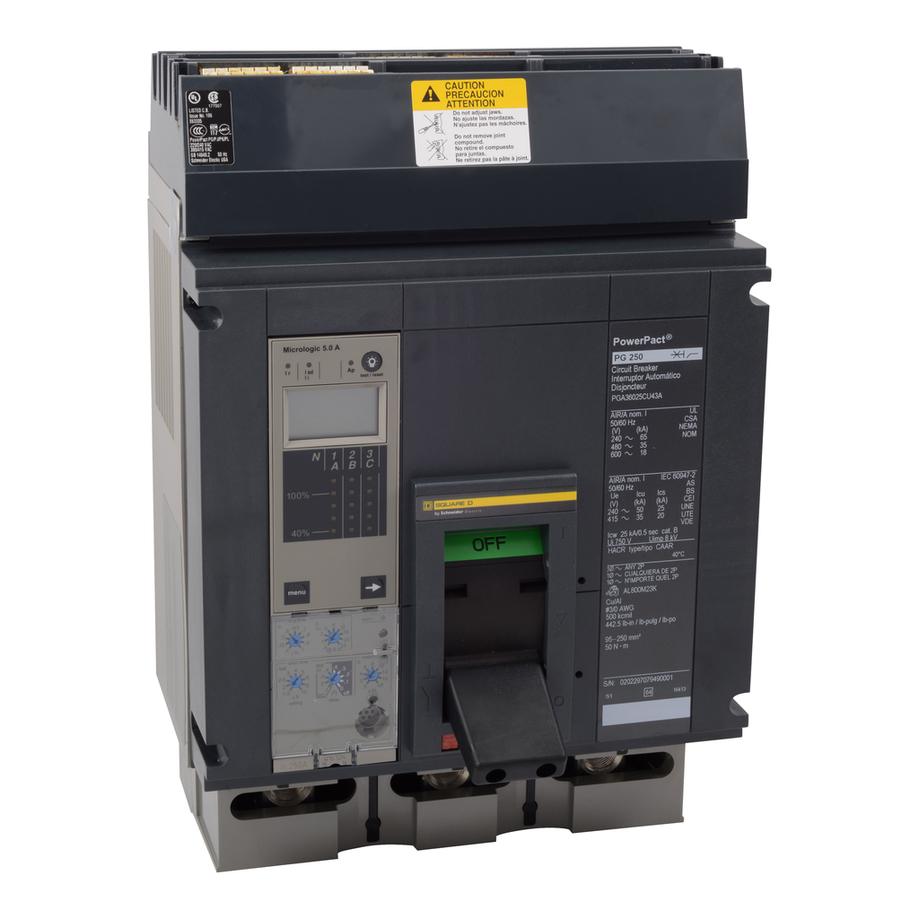Circuit breaker, PowerPacT P, 250A, 3 pole, 600VAC, 18kA, I-Line, Micr ...